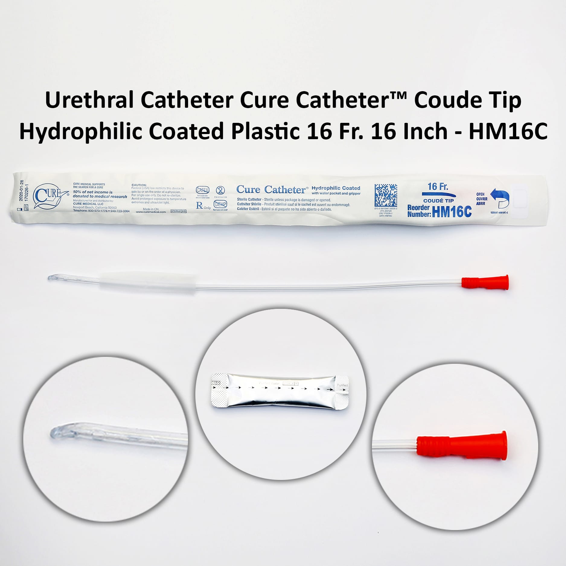 Urethral Catheter Cure Catheter™ Coude Tip Hydrophilic 16 Fr. 16 Inch ...